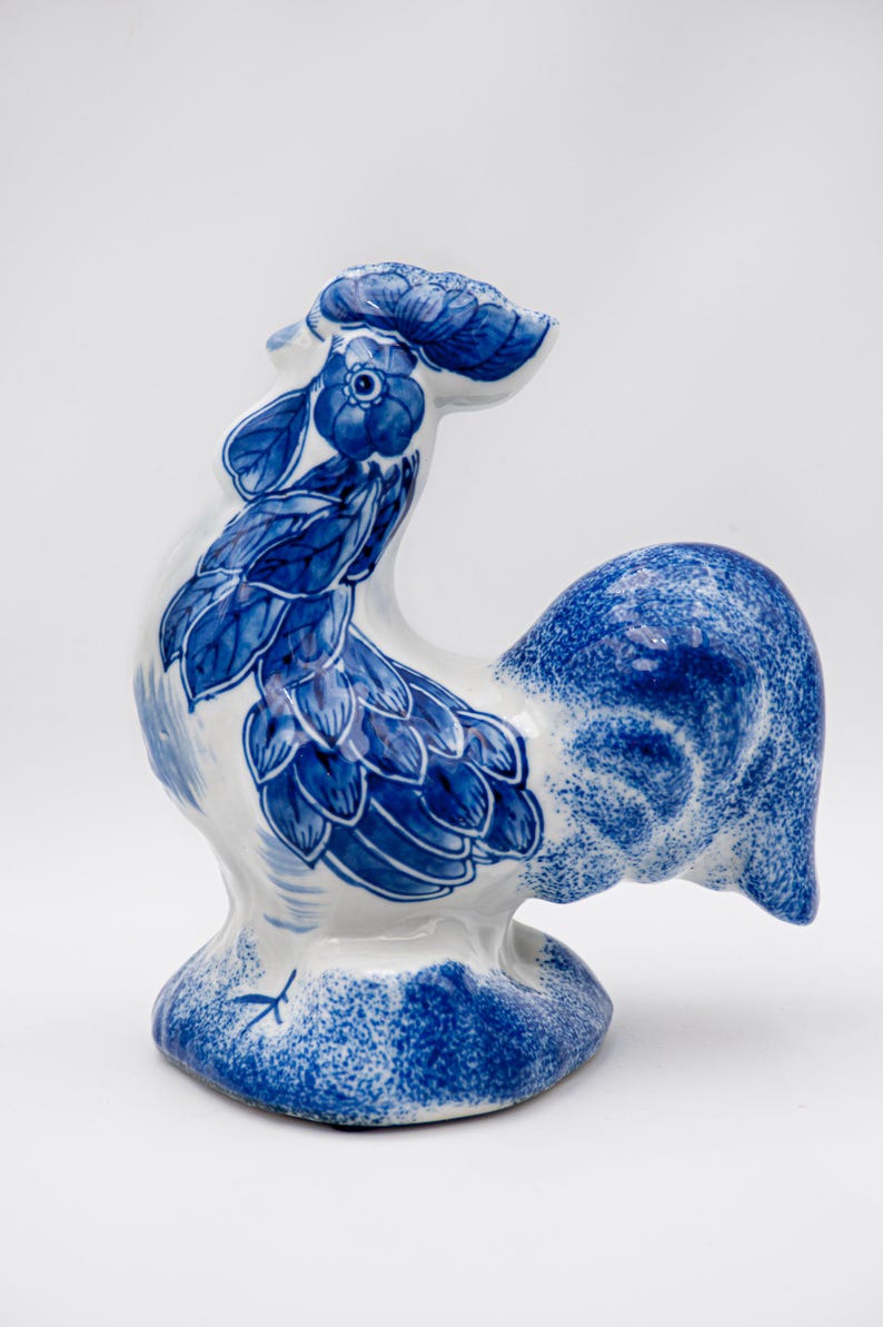 Vintage Porcelain Cobalt Blue and White Porcelain Rooster, Hand Painted ...