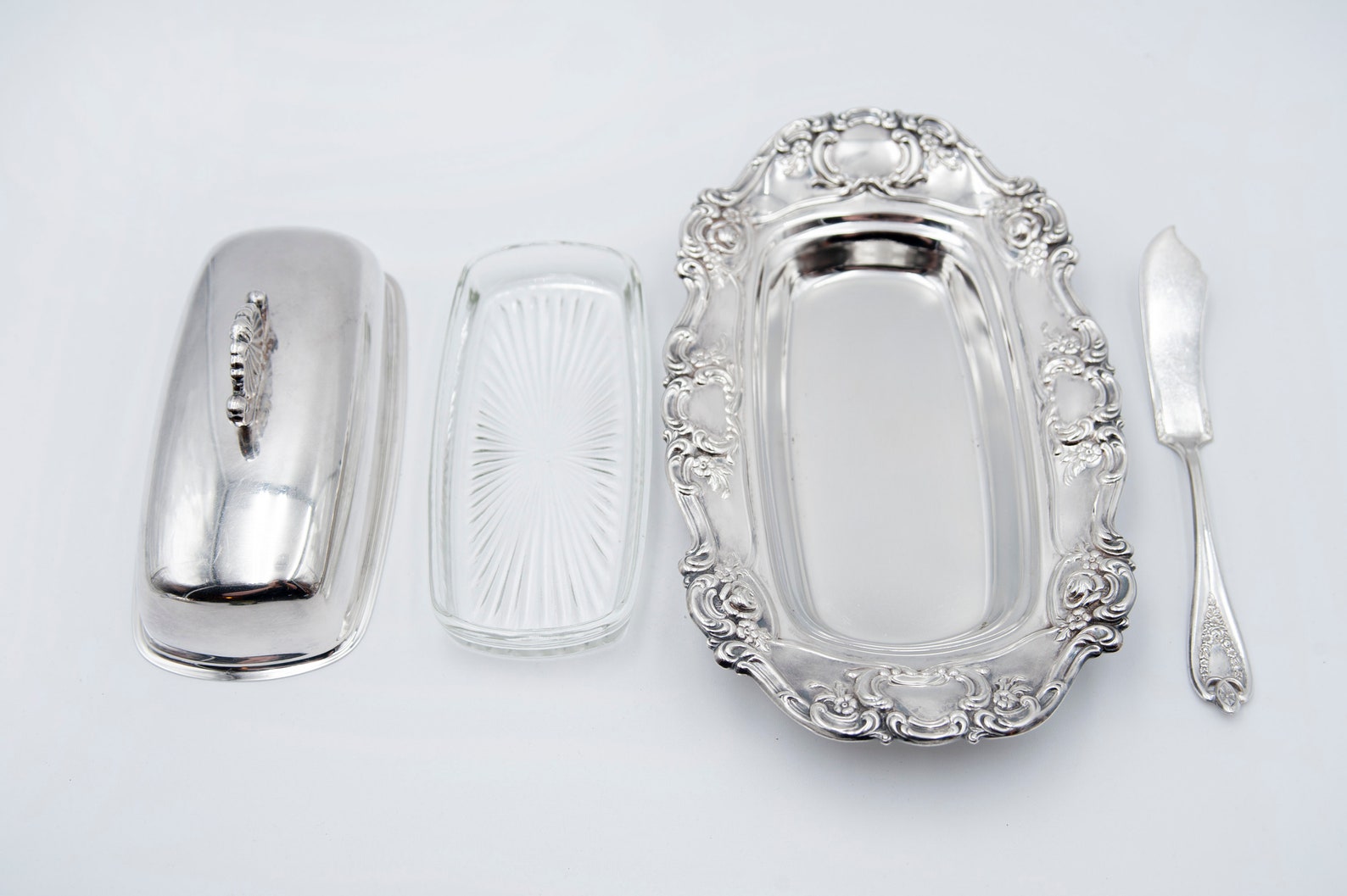 Vintage Silver Plated Butter Serving Dish, Knife, and Glass Insert ...