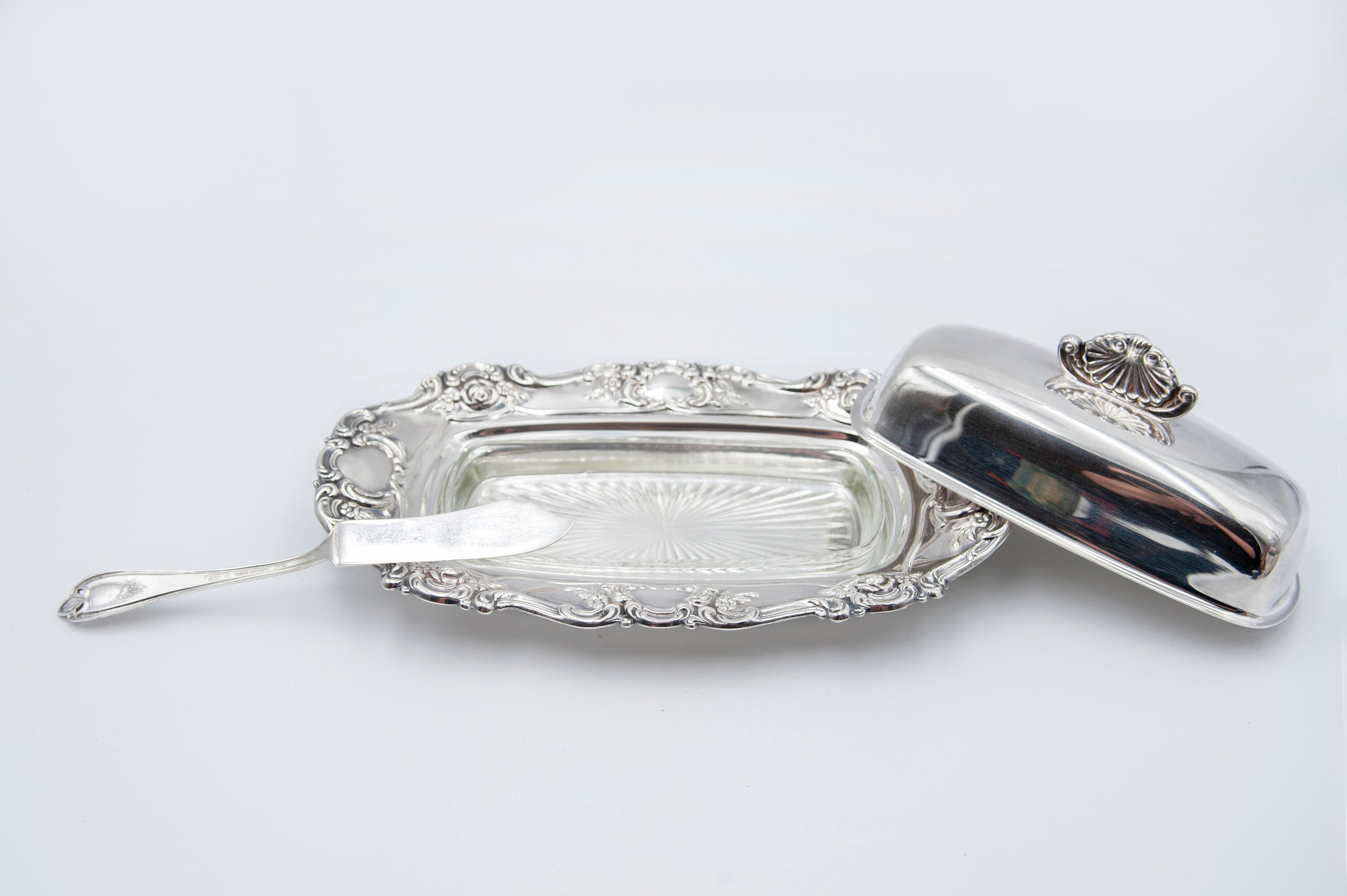 Vintage Silver Plated Butter Serving Dish, Knife, and Glass Insert ...