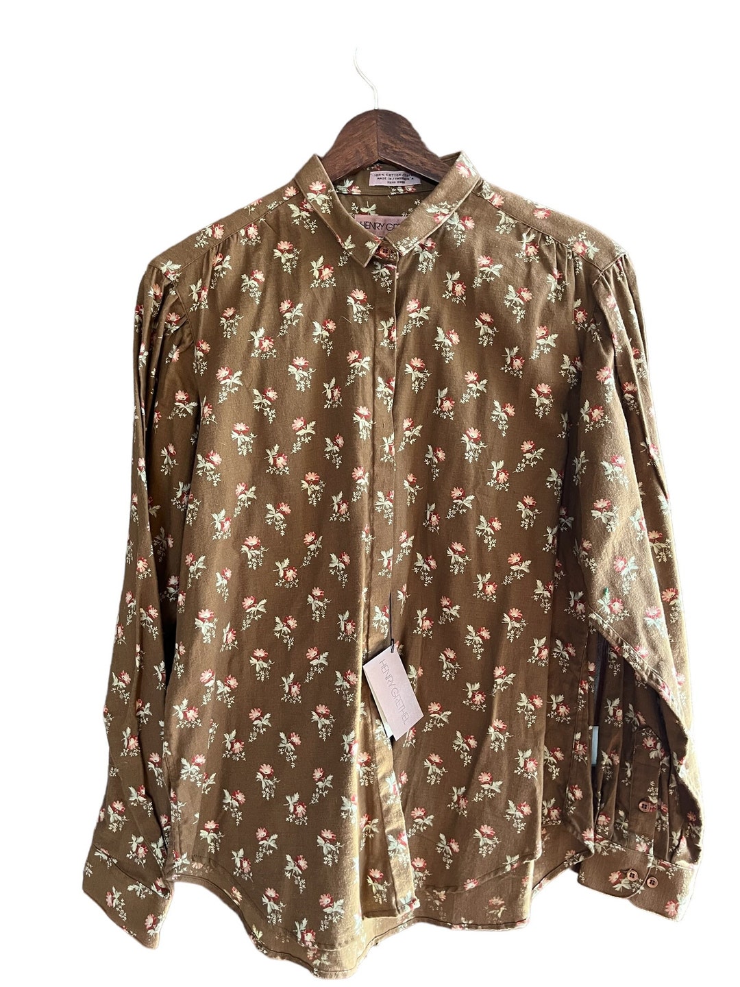 Vintage 80s Henry Grethel Brown Floral Print Deadstock Long Sleeve ...