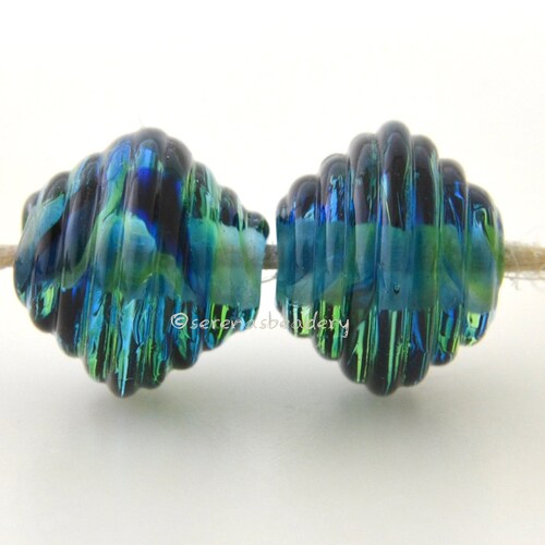 Glass Lampwork Beads Ribbed Bicone Pair Tropical Storm Etsy