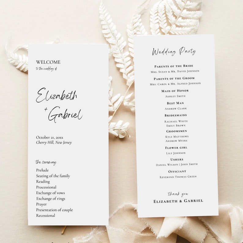 Modern Wedding Program Template, Minimalist Order of Service, Printable ...