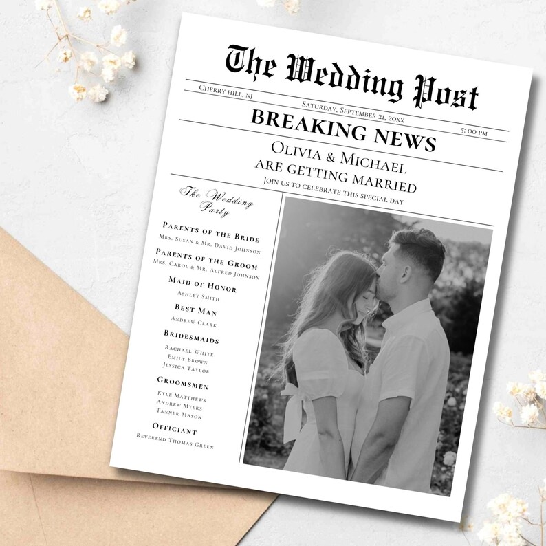 Newspaper Wedding Program Template, Editable Wedding Newspaper Program ...