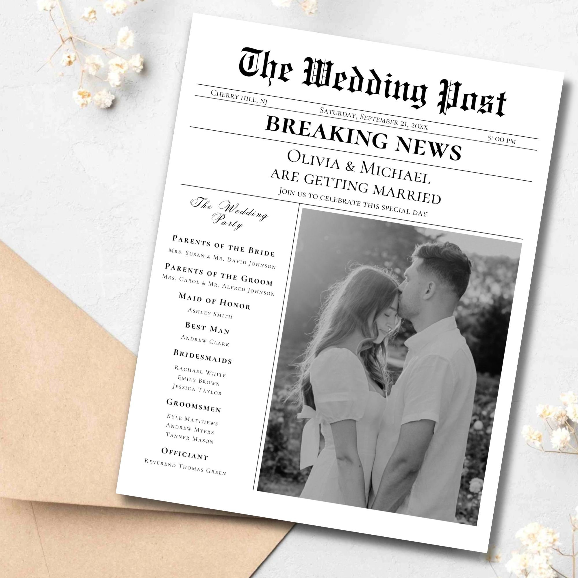 Newspaper Wedding Program Template, Editable Wedding Newspaper Program ...