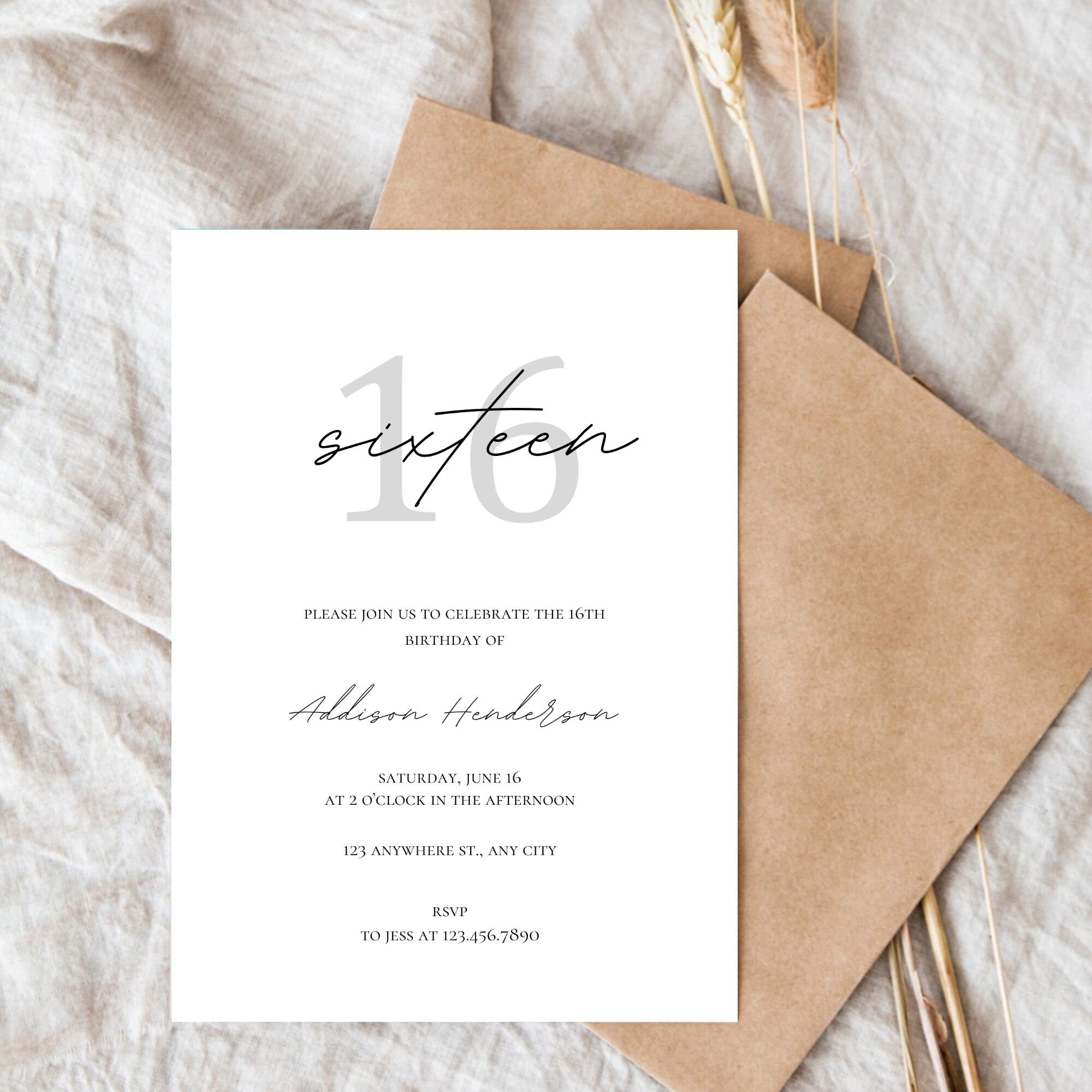 Sweet Sixteen Birthday Invitation, Minimalist 16th Birthday Invite ...