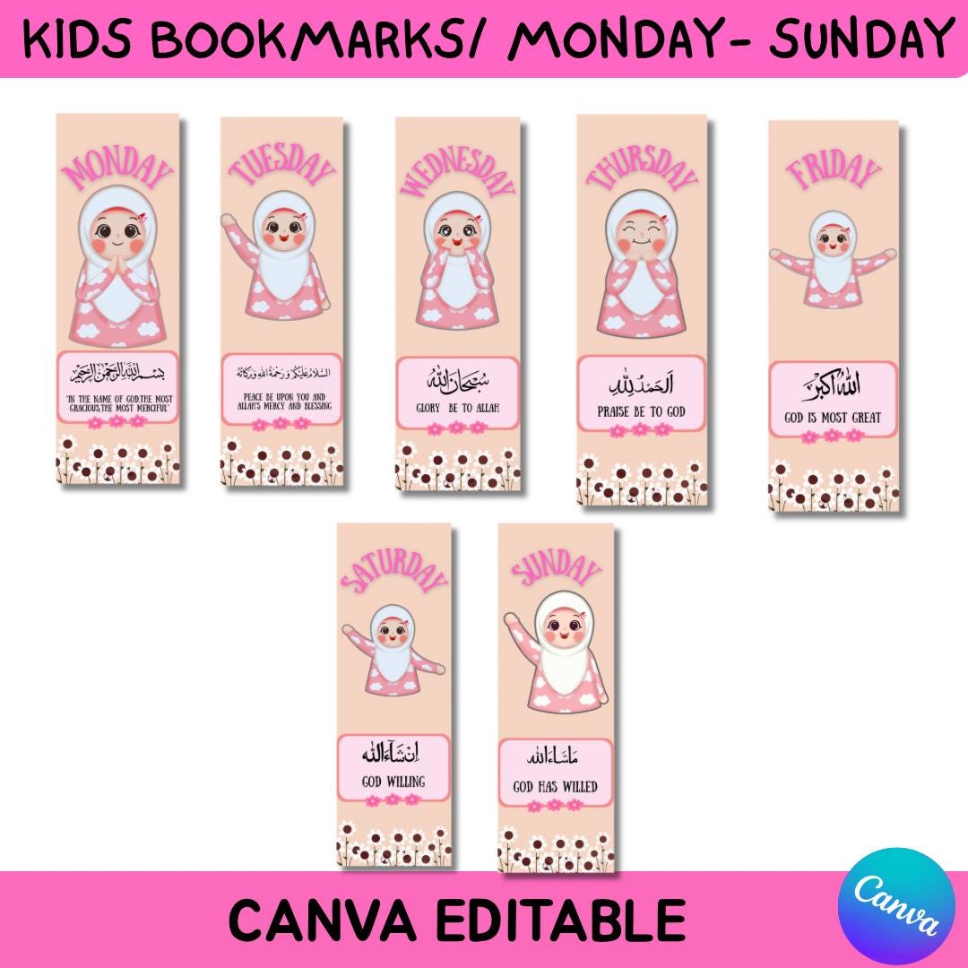 Islamic Kids Bookmarks Monday to Sunday/dua Reminder Pdf/canva Editable ...