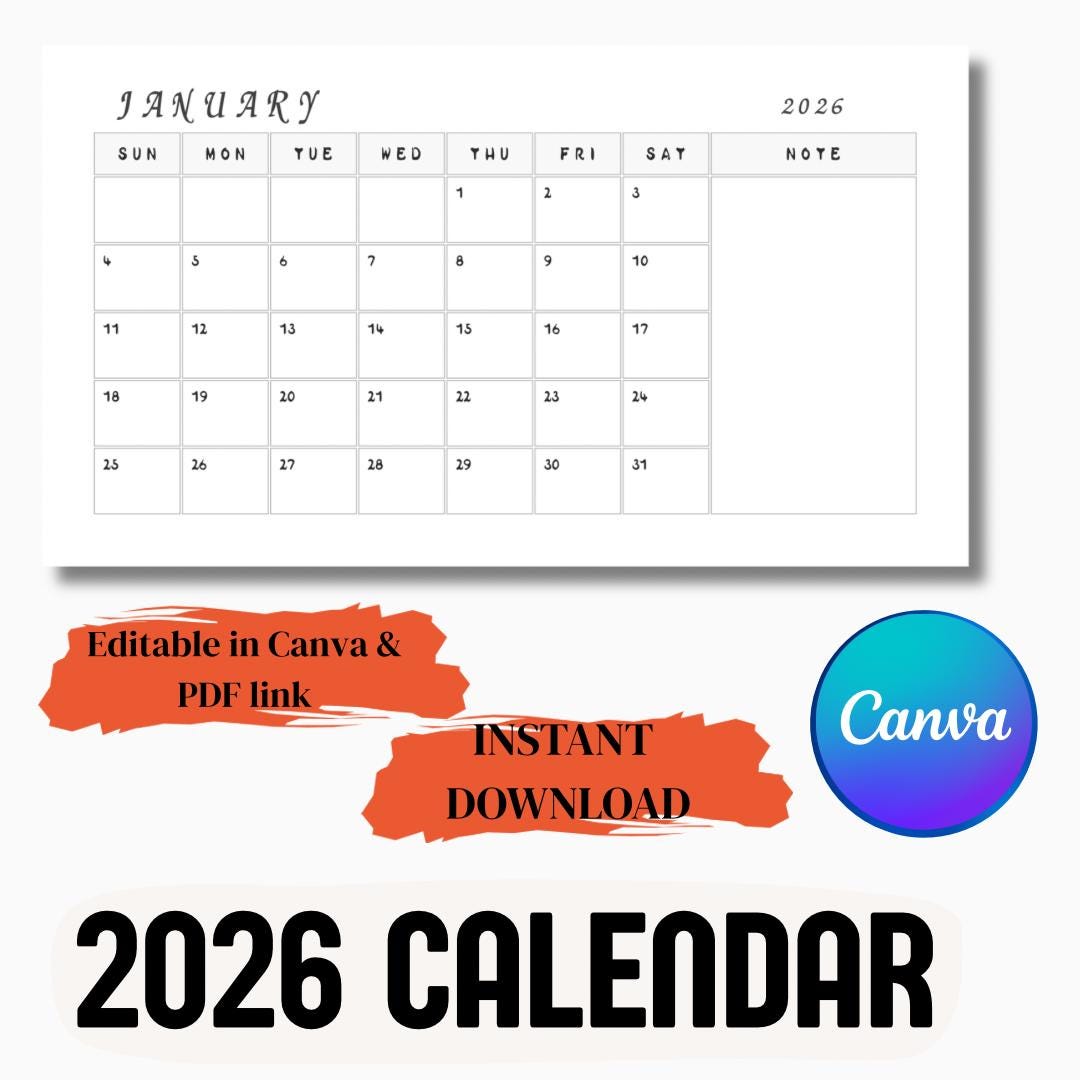 Minimalist 2026 Calendar/editable Canva Template/ PDF/ Black and White ...