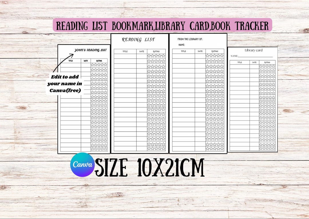 Reading List Bookmarks/printable Library Card Boookmark/book Tracker ...