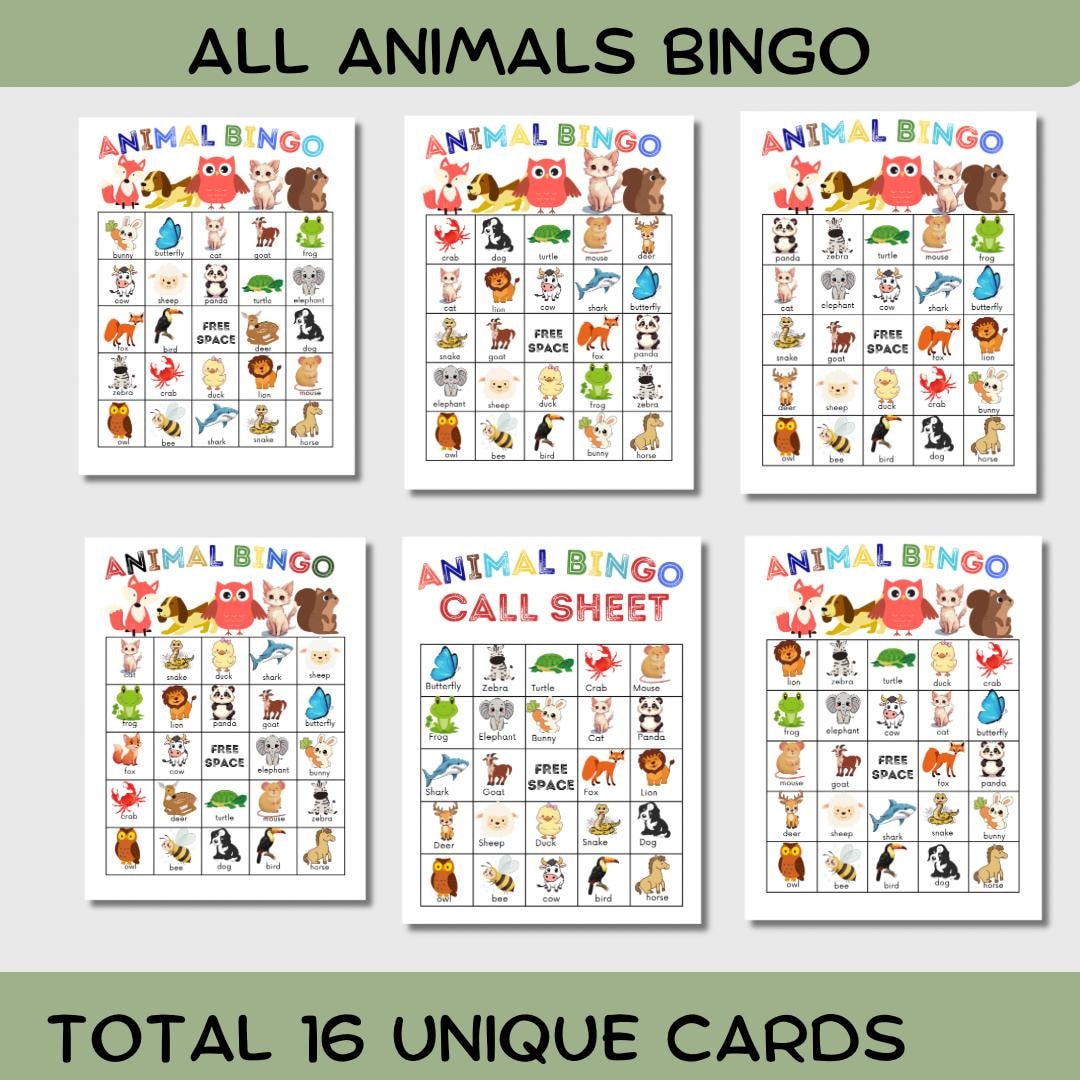 Animals Bingo Printable for Kids/ Preschool Learning Game/16 Unique ...