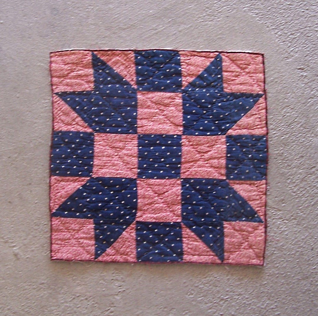 Antique Quilt Block, Bear Paw Pattern, Double Pink Calico and Navy Blue ...