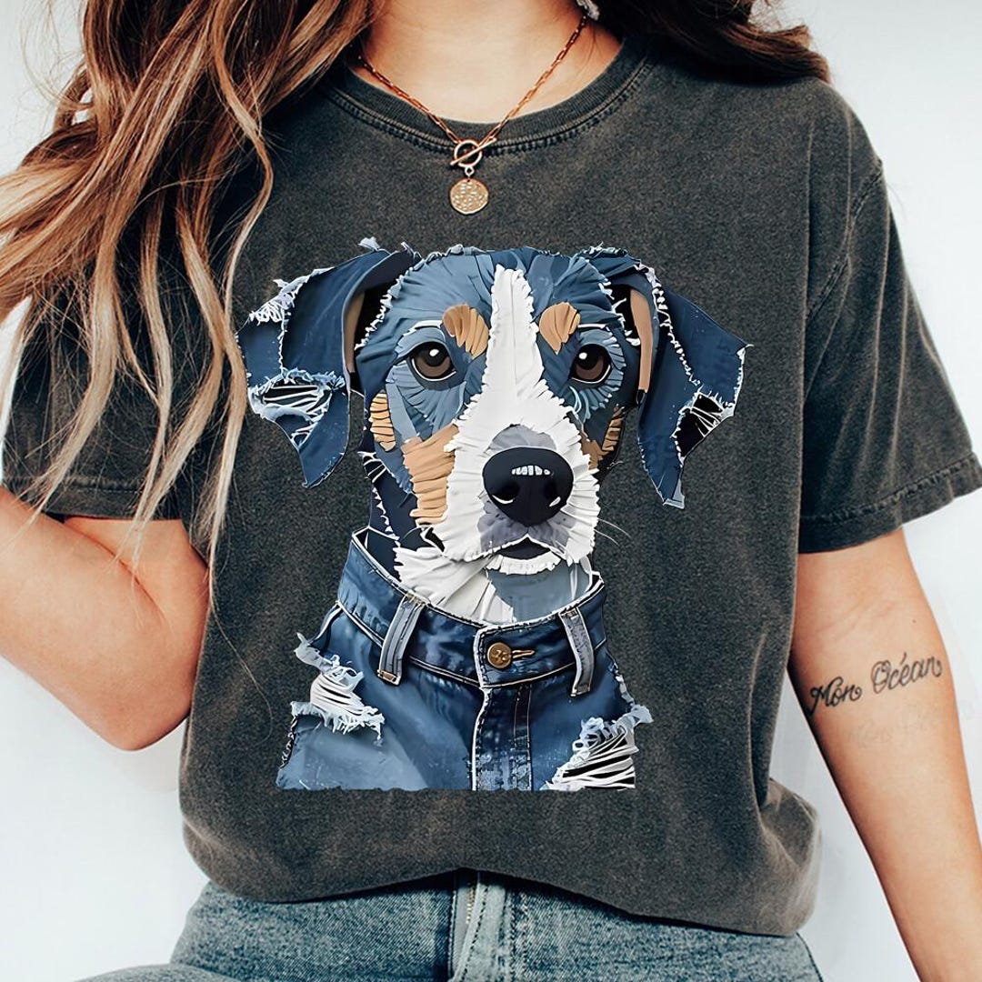 Retro Denim Patch Animal Dog Print Shirt, Dog Print Graphic Shirt ...
