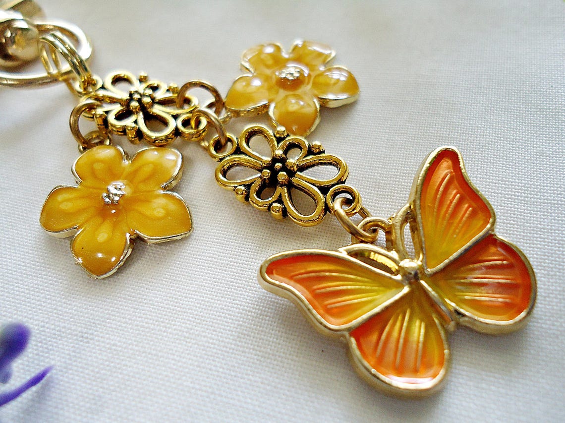 Bag Charm, Orange Butterfly and Flowers, Gold Bag Charm, Enameled ...