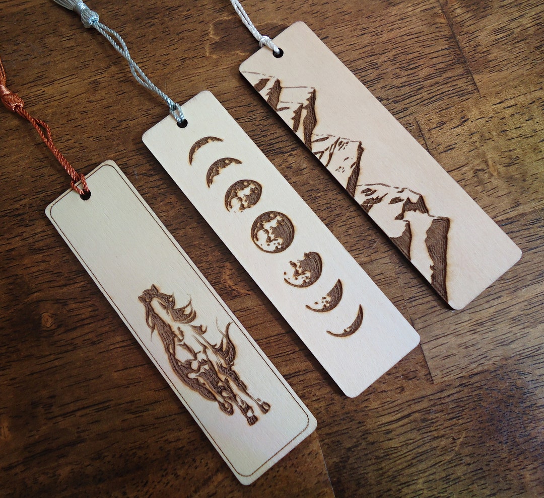 Personalized Wood Burned Bookmarks, Moon Phases, Mountains, and Running ...