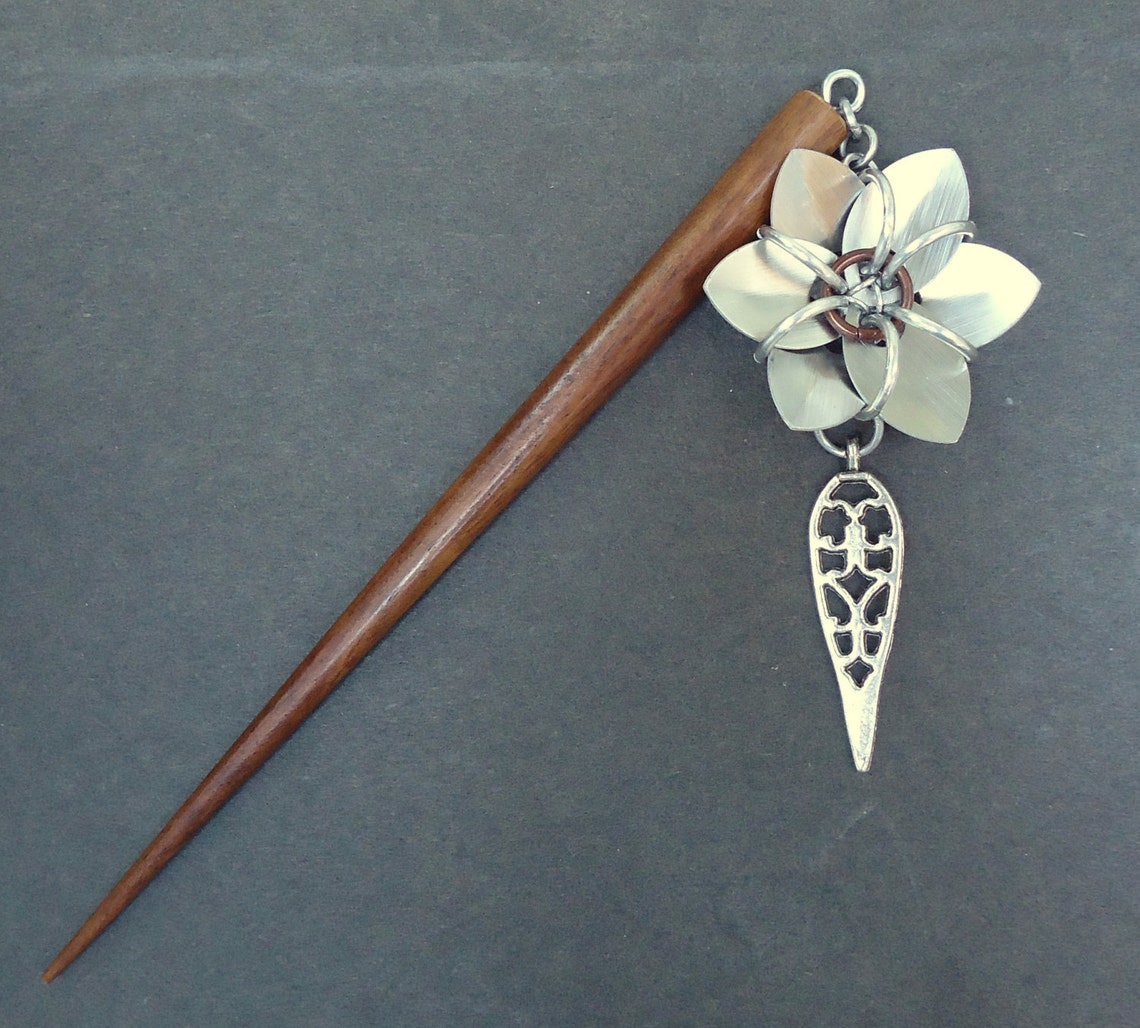 Brown Wooden Hair Stick With Silver Flower and Teardrop Dangle - Etsy