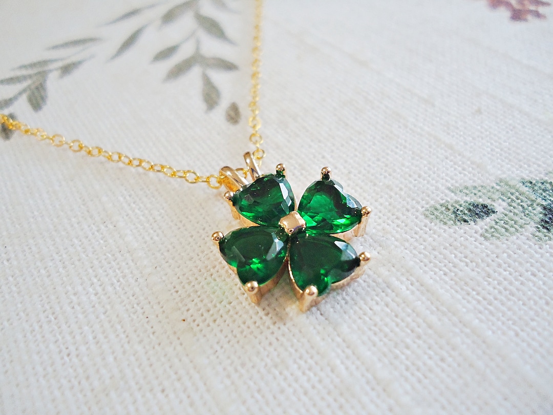 Simple Emerald Green Glass Four Leaf Clover Necklace, Gold Brass Chain ...