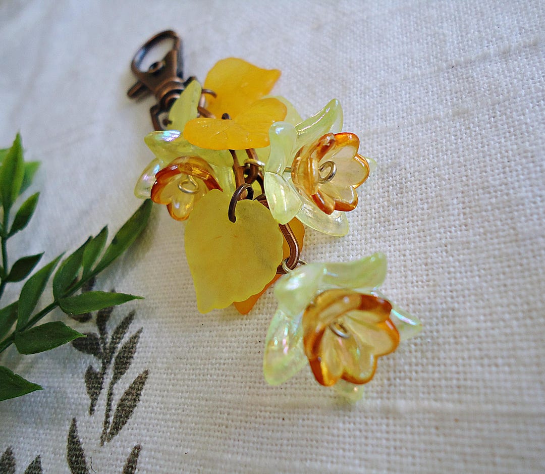 Daffodil Flowers and Leaves, Yellow and Orange, Bag Charm, Purse Charm ...