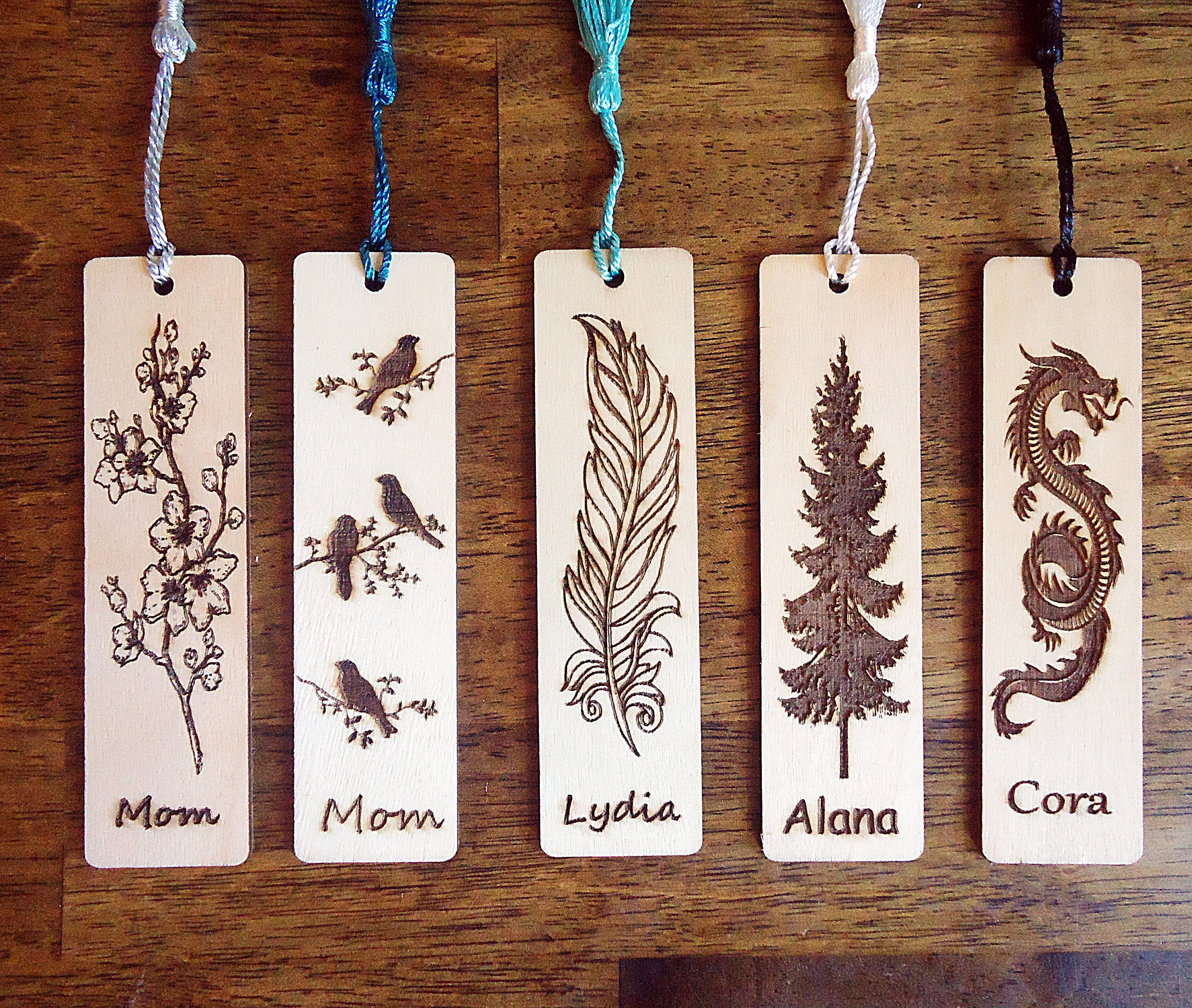 Personalized Wood Burned Bookmarks, Feather, Cherry Blossoms, Birds ...