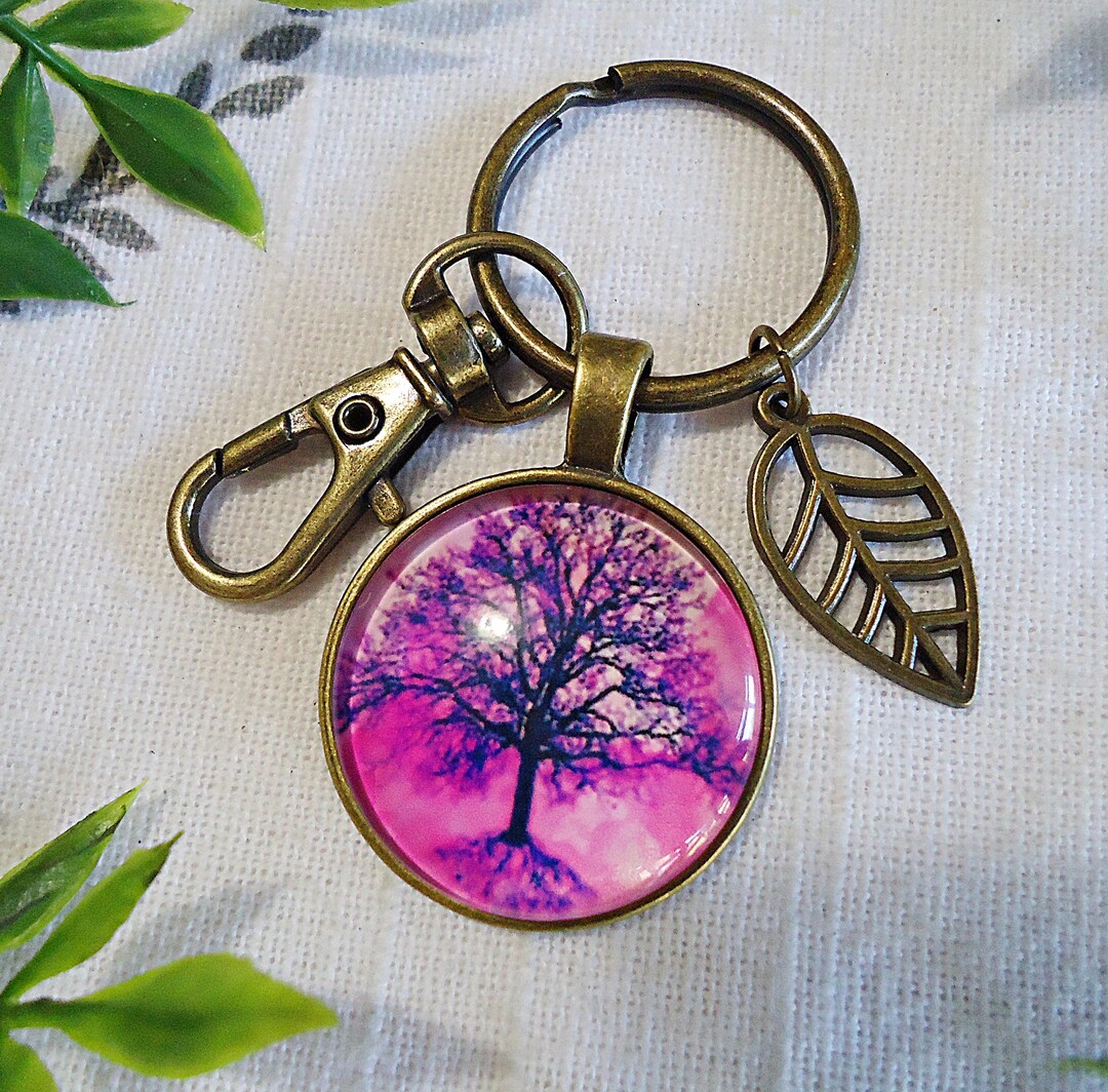 Pink Sunset, Tree Silhouette, Keychain, Bag Charm, Zipper Pull, Leaf ...