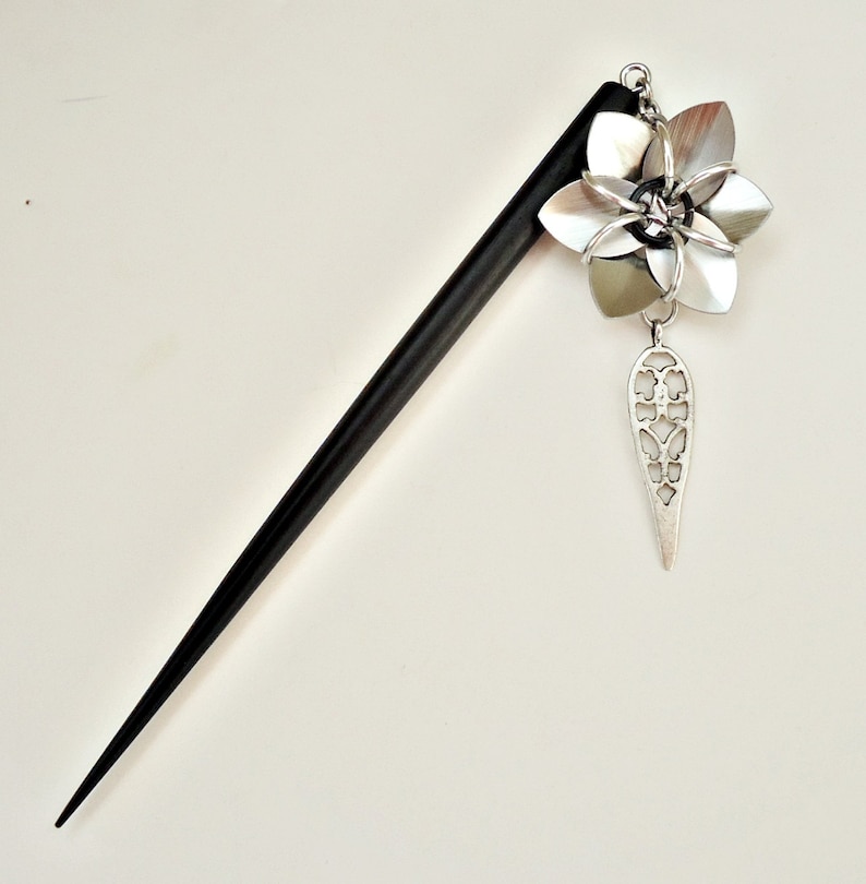BLACK Wooden Hair Stick With Silver Flower and Teardrop Dangle - Etsy