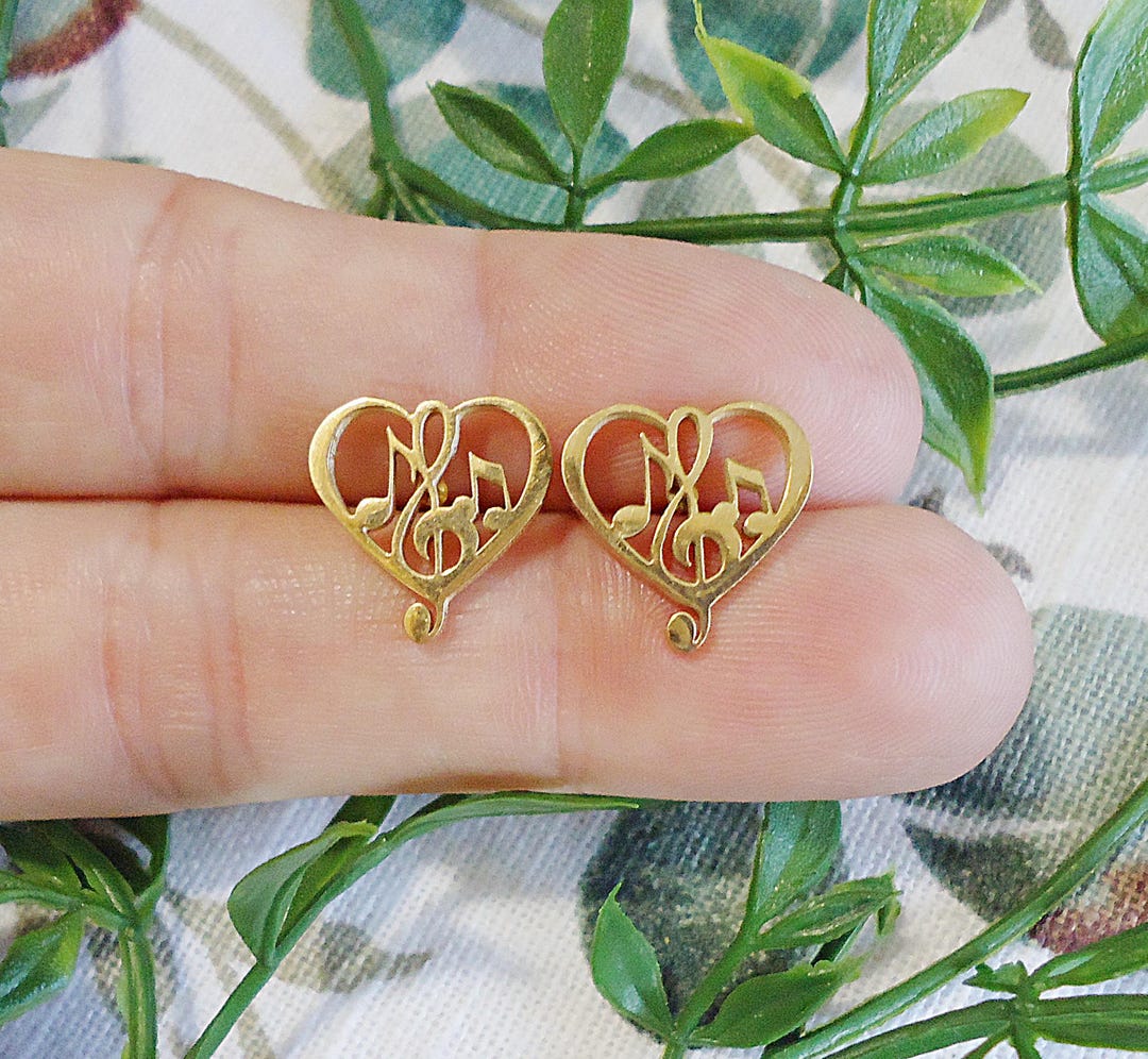 Small Gold Stud Earrings, Music Notes in Heart, I Love Music Earrings ...