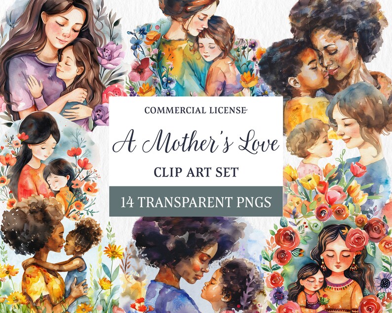 Digital Watercolor Mother's Day Clipart Set Mom and Child Pngs, Digital ...