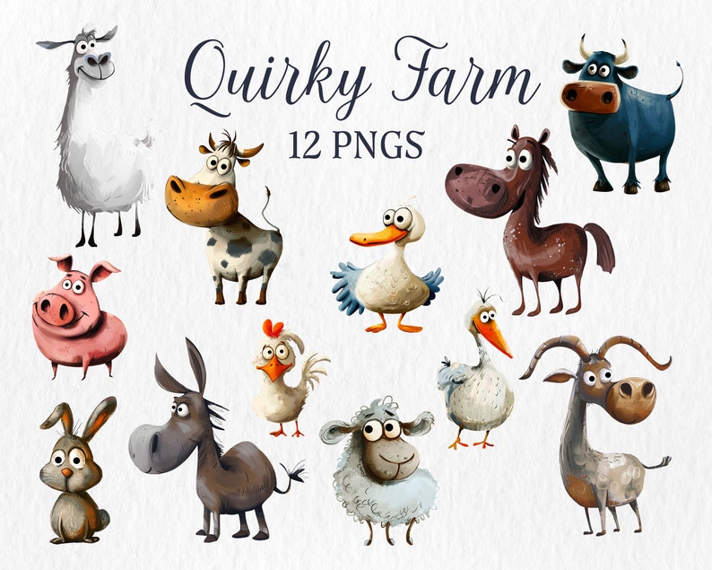 Quirky Farm Animals Clip Art | Junk Journal | Barn Animals | Whimsical ...