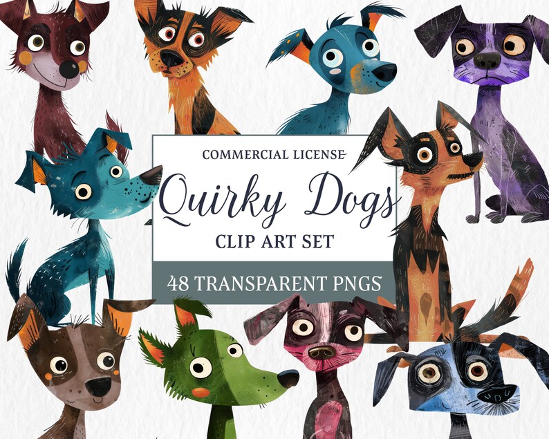 Quirky Dog Clipart Set - Digital Pups, Funny Canine Graphics, Weird ...