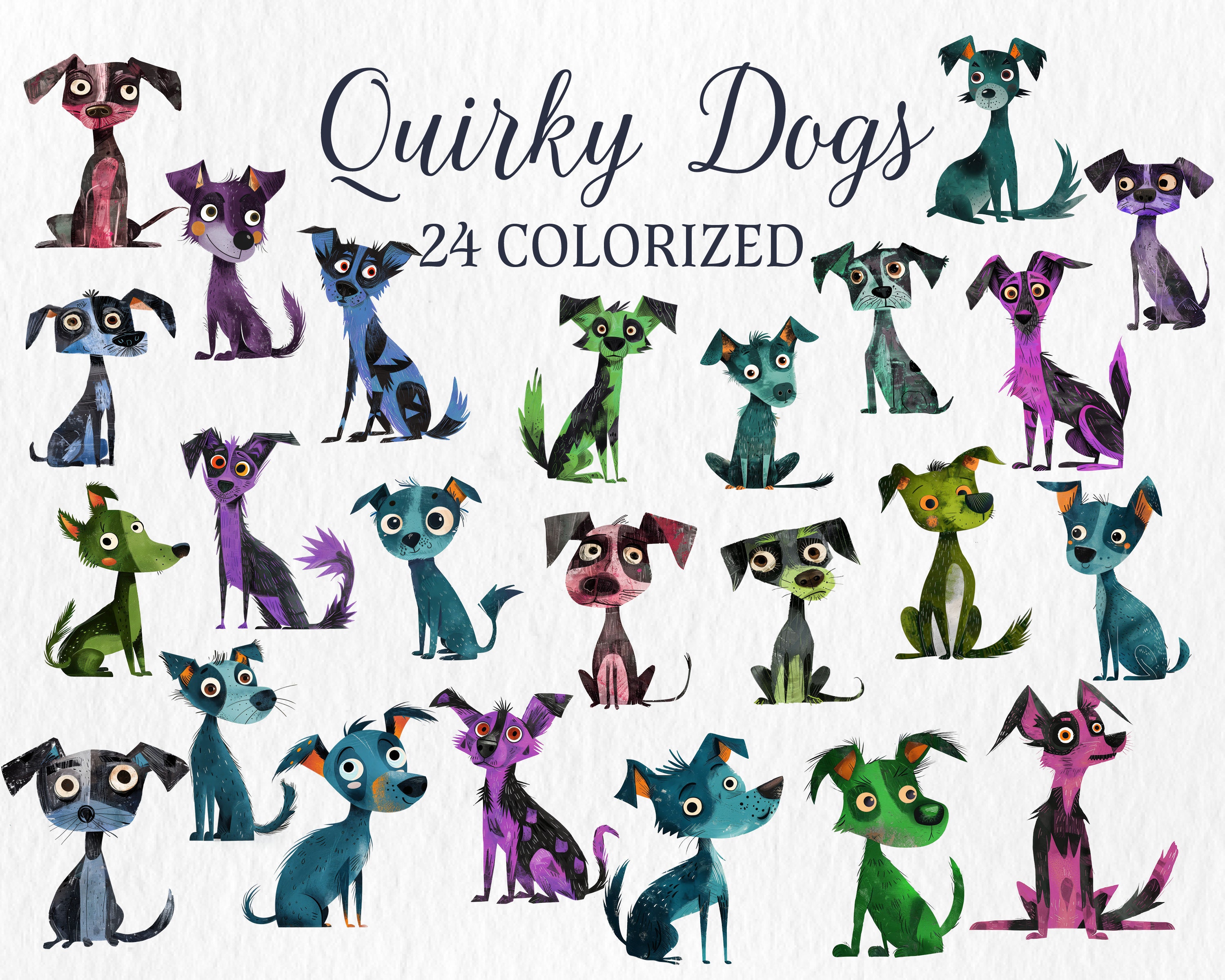 Quirky Dog Clipart Set - Digital Pups, Funny Canine Graphics, Weird ...
