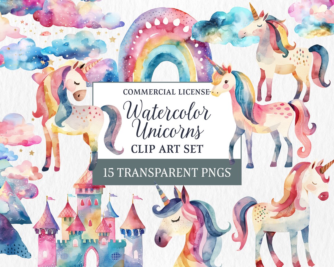Watercolor Unicorns Clipart | Transparent Background Pngs | Commercial ...