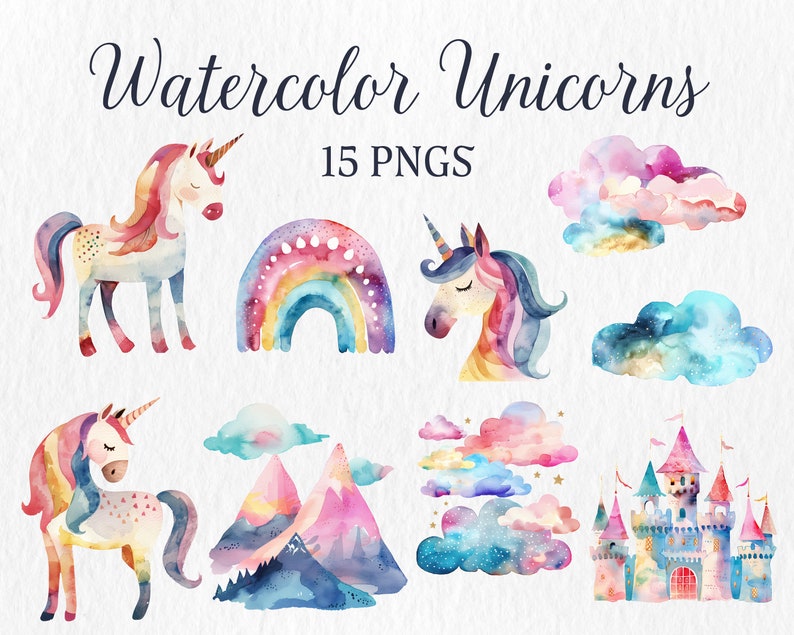 Watercolor Unicorns Clipart | Transparent Background Pngs | Commercial ...