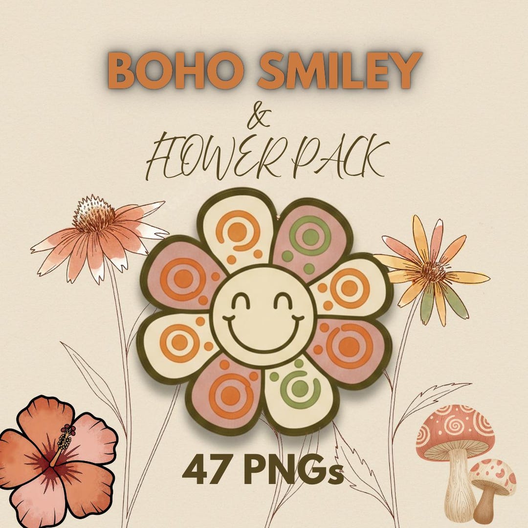 Boho Smiley & Flower Clipart Bundle – 47 Retro Pngs, Hippie Aesthetic ...