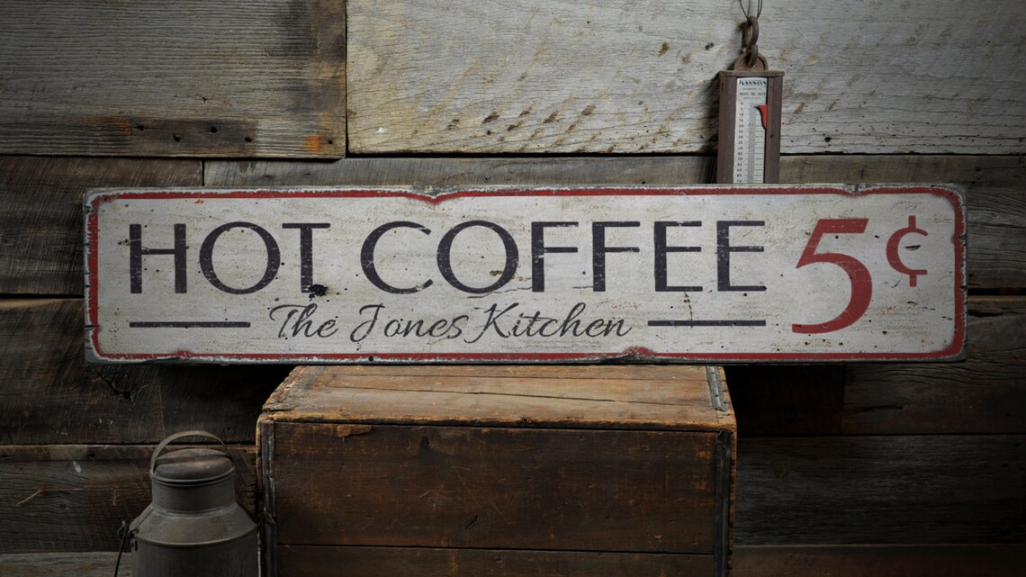 Hot Coffee 5 Cents Wood Sign Personalized Family Name Kitchen | Etsy