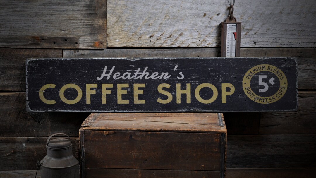 Coffee Shop Wood Sign, Custom Premium Blends Bottomless Cups 5 Cents ...