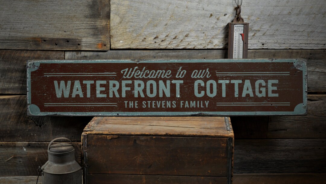 Waterfront Cottage Wood Sign, Custom Welcome Family Name Gift, Beach ...