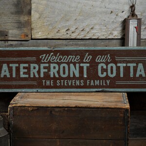 Waterfront Cottage Wood Sign, Custom Welcome Family Name Gift, Beach ...