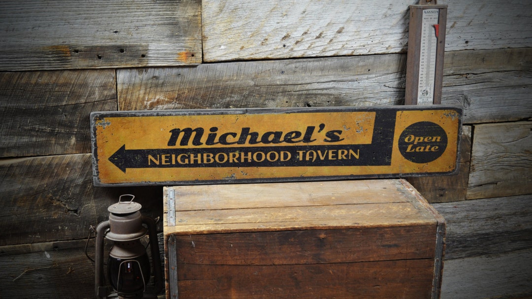 Neighborhood Tavern Wood Sign, Personalized Bar Owner Name Sign, Open ...