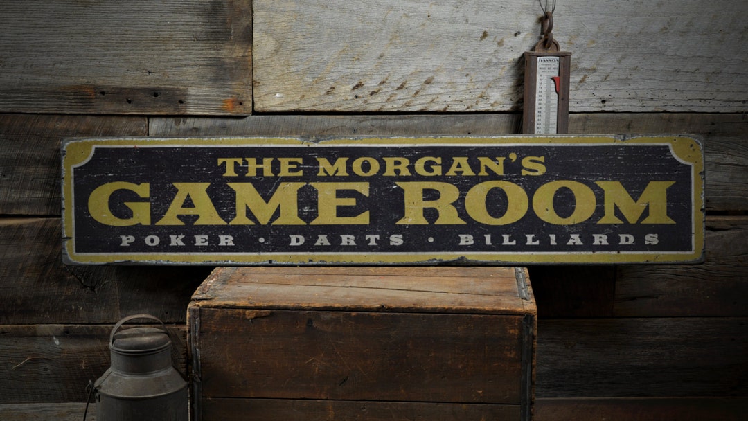 Family Game Room Wood Sign, Custom Name Sign, Poker Darts Billiards Man ...