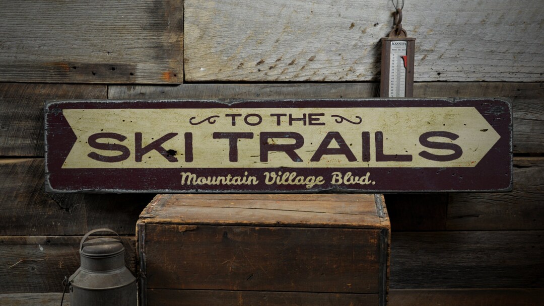 Ski Trails Arrow Wood Sign, Personalized Skiing Location Mountain Name ...
