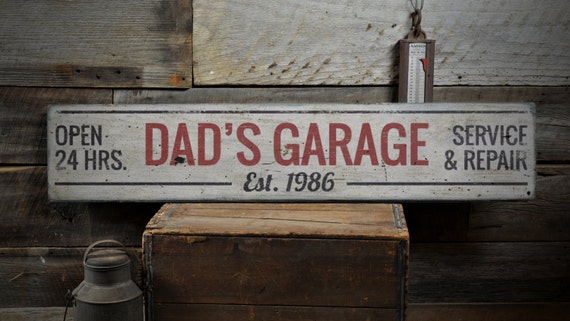 Dad's Garage Wood Sign Personalized Open 24 Hours Service | Etsy