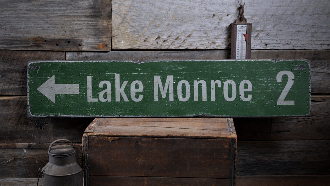 Lake Monroe Arrow Mileage Wood Sign, Personalized Lake Location Name ...