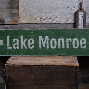 Lake Monroe Arrow Mileage Wood Sign, Personalized Lake Location Name ...