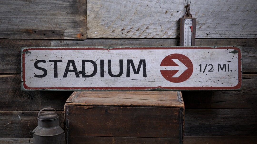 Stadium Arrow Mileage Wood Sign, Personalized Entrance Location Name ...