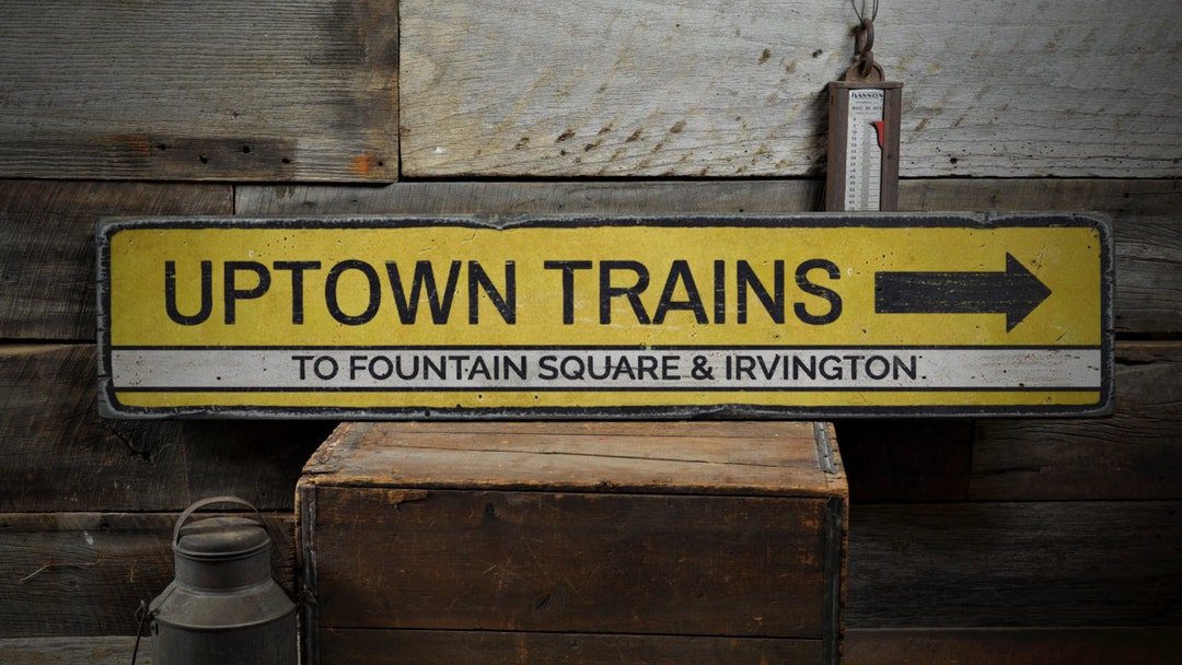 Uptown Trains Wood Sign, Personalized Directional Arrow Train Stop ...