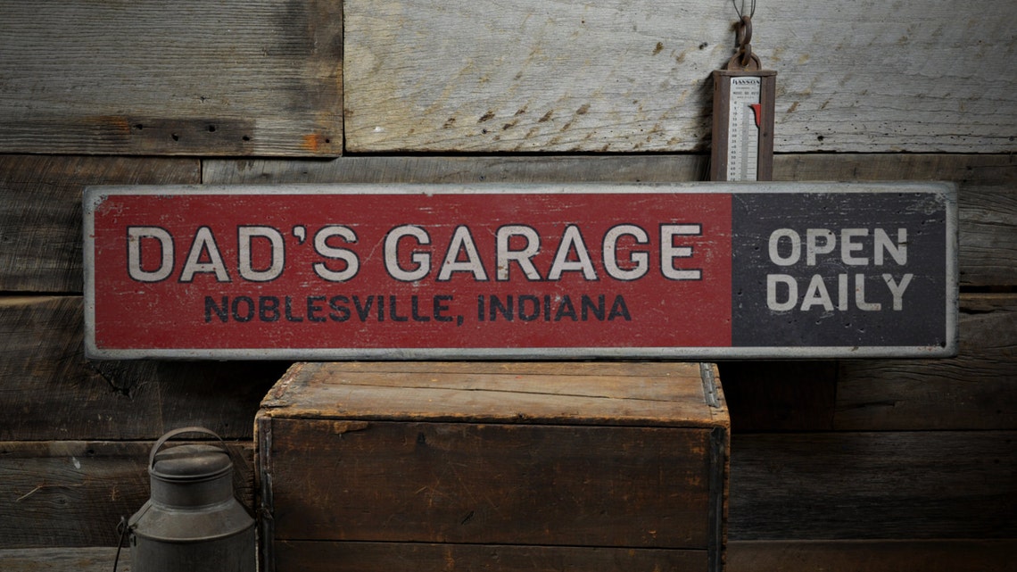 Dad's Garage Open Daily Wood Sign, Personalized Shop Location City ...
