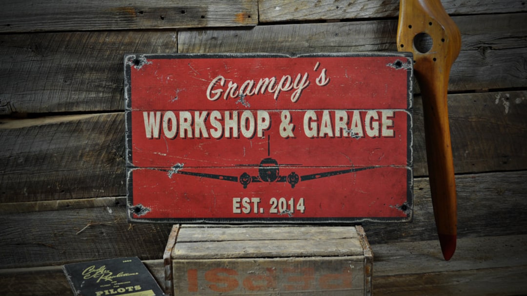 Custom Aviation Workshop Garage Sign - Rustic Hand Made Vintage Wooden ...