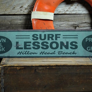 Surf Lessons Wood Sign, Personalized Beach Location Sign, Distressed ...