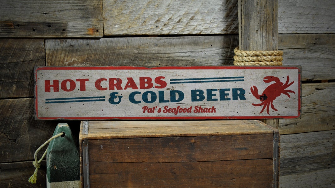 Hot Crabs & Cold Beer Wood Sign, Personalized Seafood Shack Sign ...