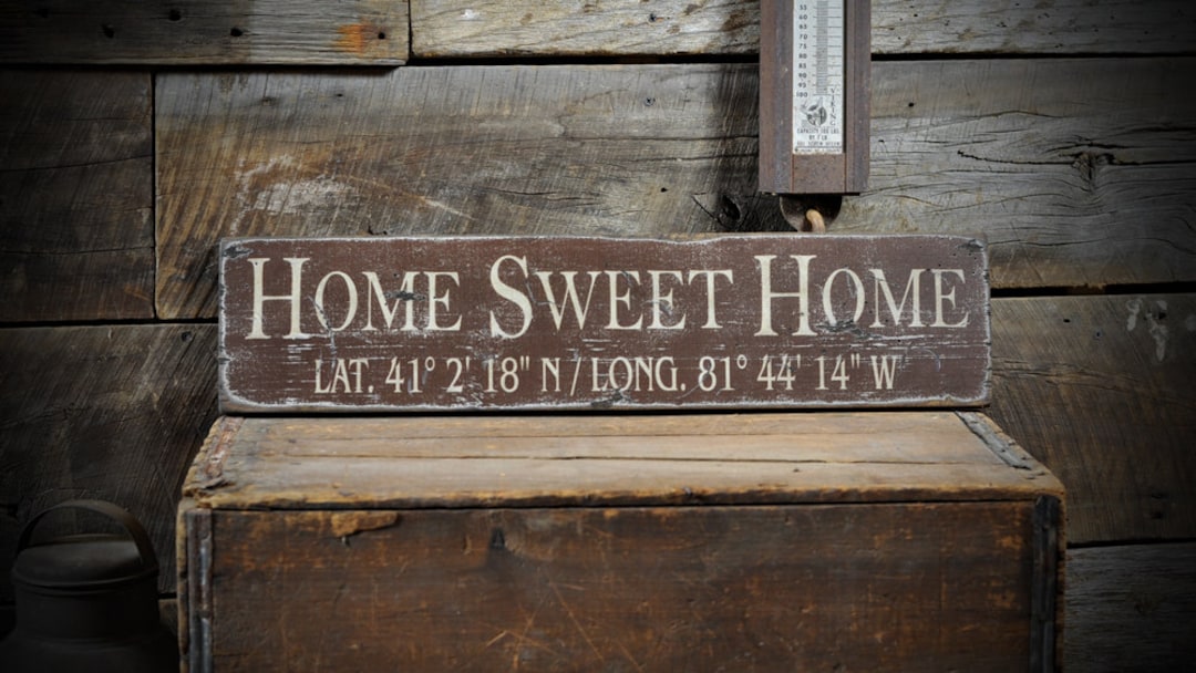 Rustic Home Sweet Home Sign, Personalized Latitude Longitude, Vintage ...