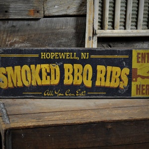 Custom City Smoked BBQ Ribs Sign, Good Rib Location, Smokehouse Decor ...