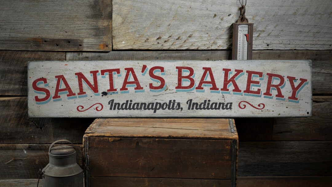 Santa's Bakery Wood Sign, Personalized Kitchen Location City State Name ...